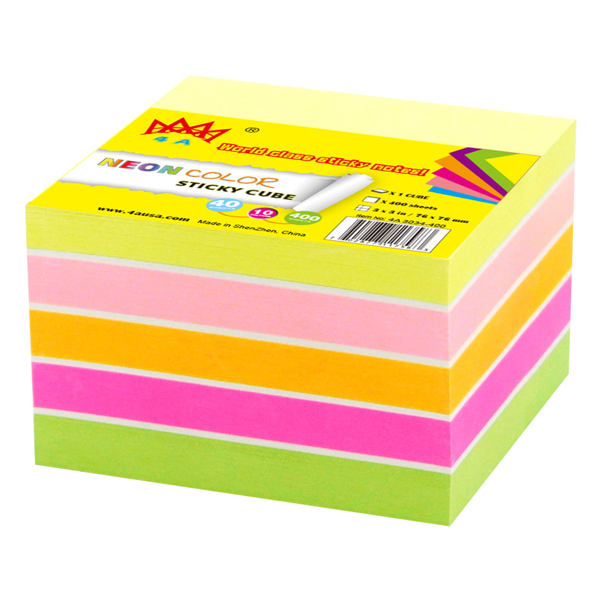 4A Sticky Notes Cube in Ultra Colors, 3 x 3-Inches, Neon Assorted, 400 ...